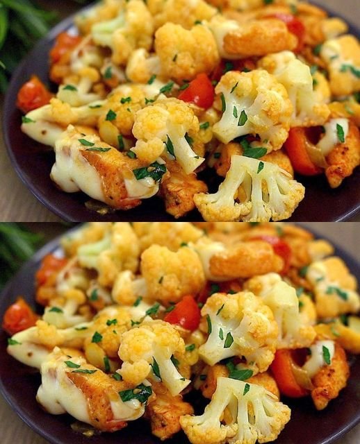 Cauliflower with chicken breast in a frying pan. Simple, quick and ...