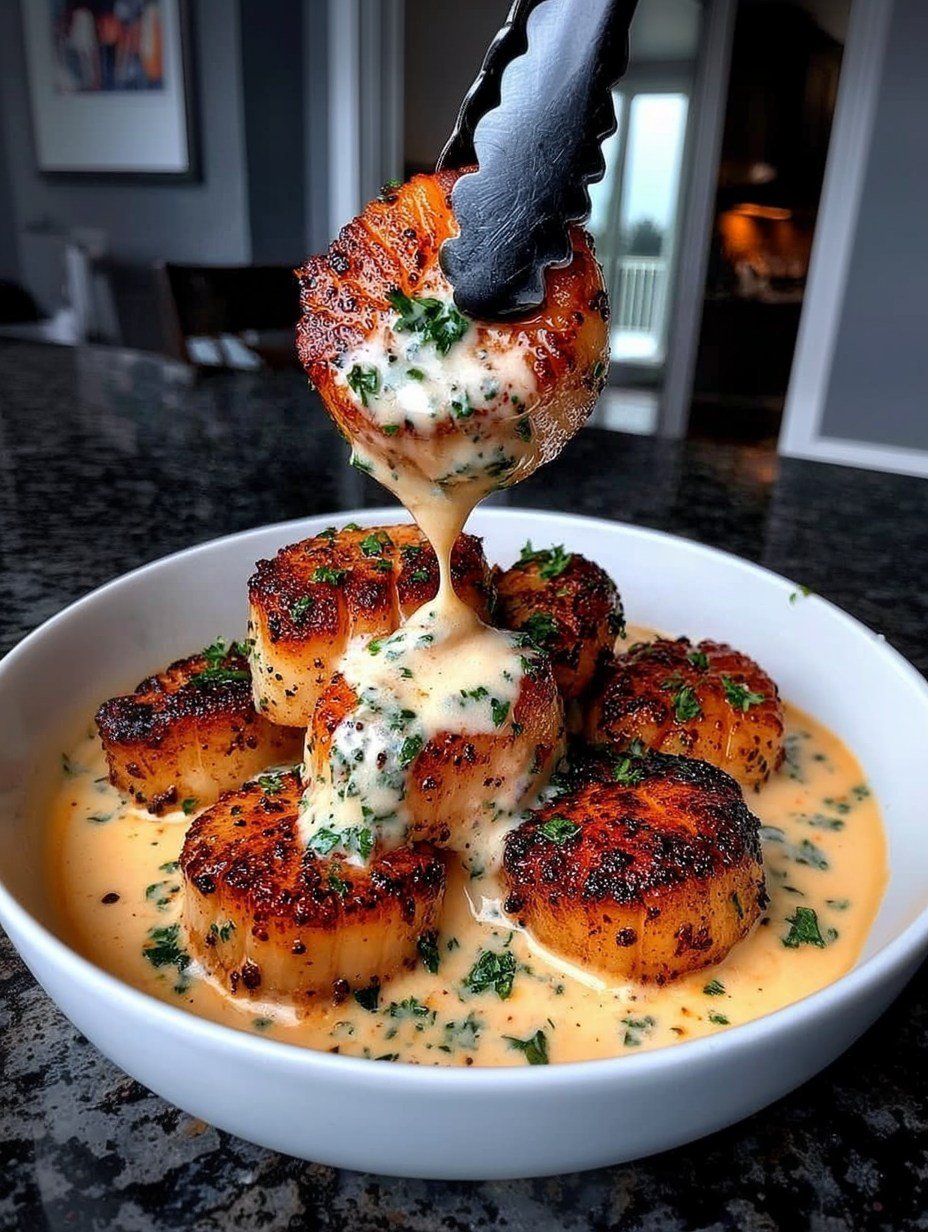 High-Protein Pan-Seared Scallops in Creamy Garlic Herb Sauce